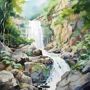 Watercolor Waterfall Landscape, Printable Wall Art, Digital Download ...