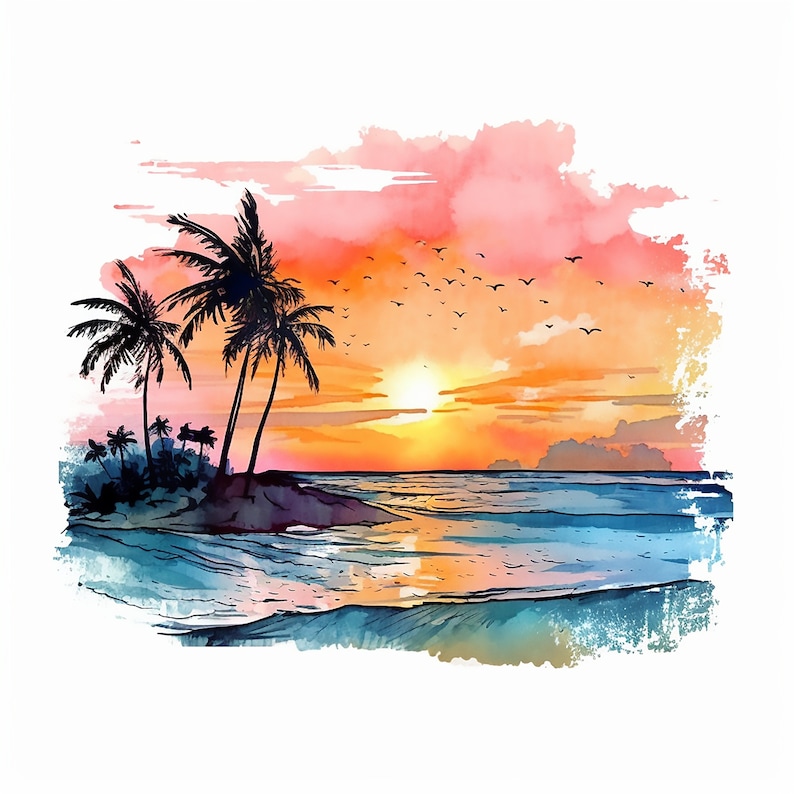 Watercolor Beach Sunsets Clipart Sunset Bundle Tropical Etsy