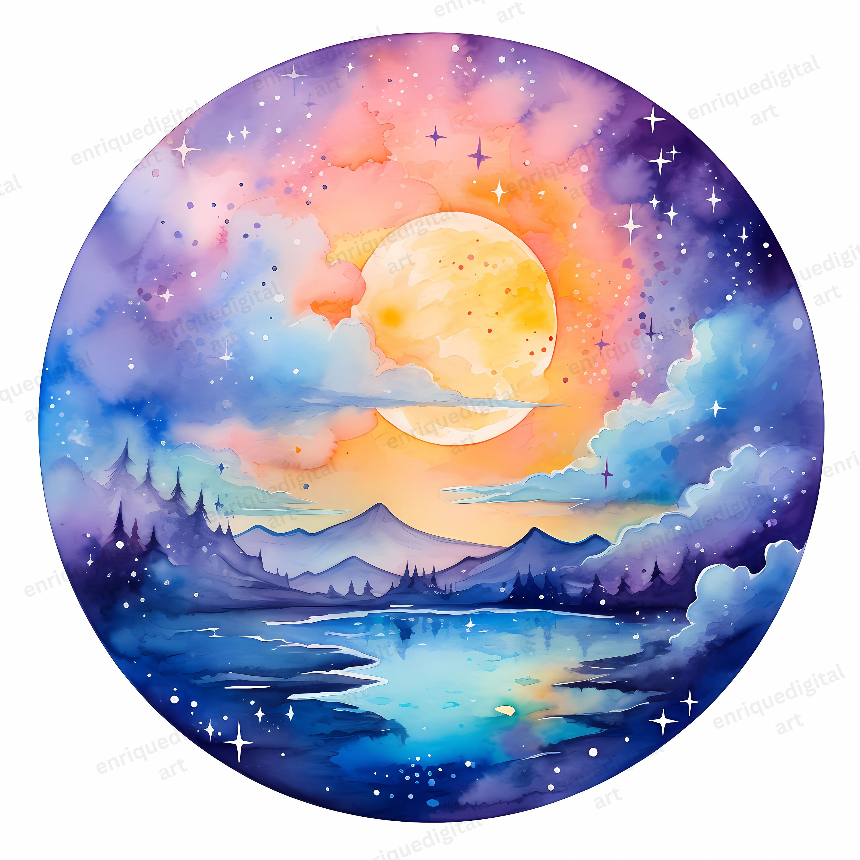 Watercolor Moon Clipart Sky Landscape Card Making Digital - Etsy