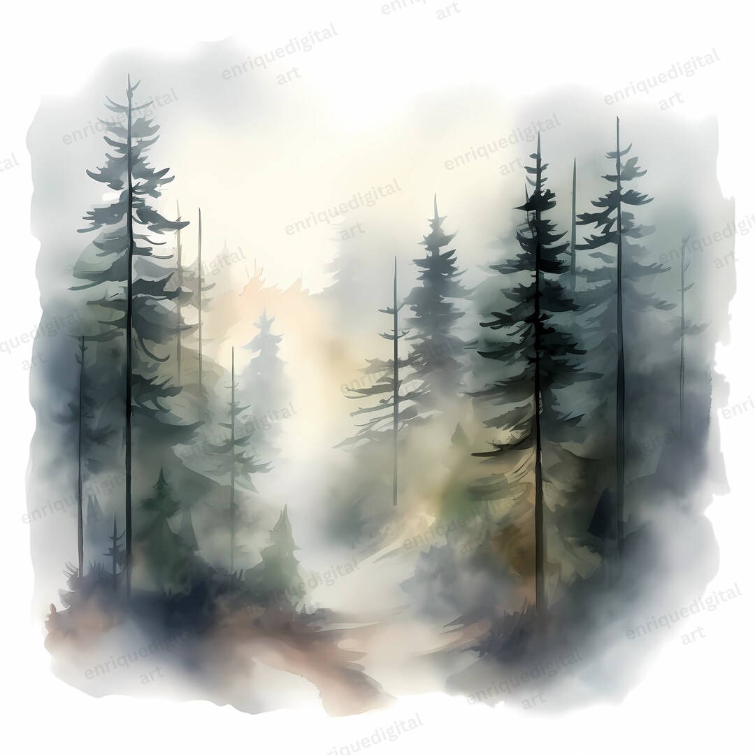 Watercolor Misty Forest Clipart, Landscape Clipart, Hiking, Nature ...
