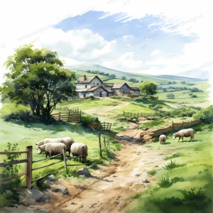Watercolor Countryside Animals Clipart, Landscape Scenes, PNG, Digital ...