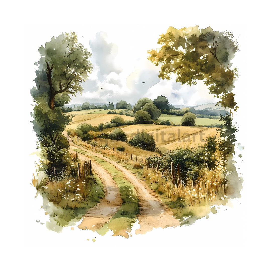 Watercolor English Countryside Clipart, Watercolor Landscape, Landscape ...