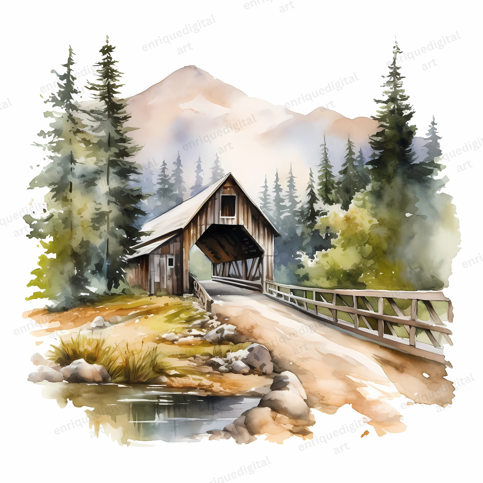 Watercolor Covered Bridge Clipart Bridge Landscape Printable - Etsy