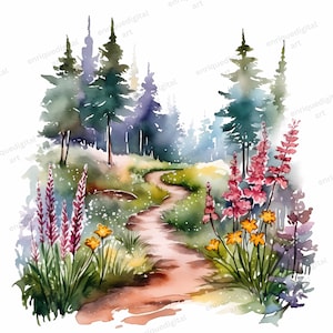 Watercolor Forest Path Clipart, Lanscape Clipart, Wildflowers Clipart ...