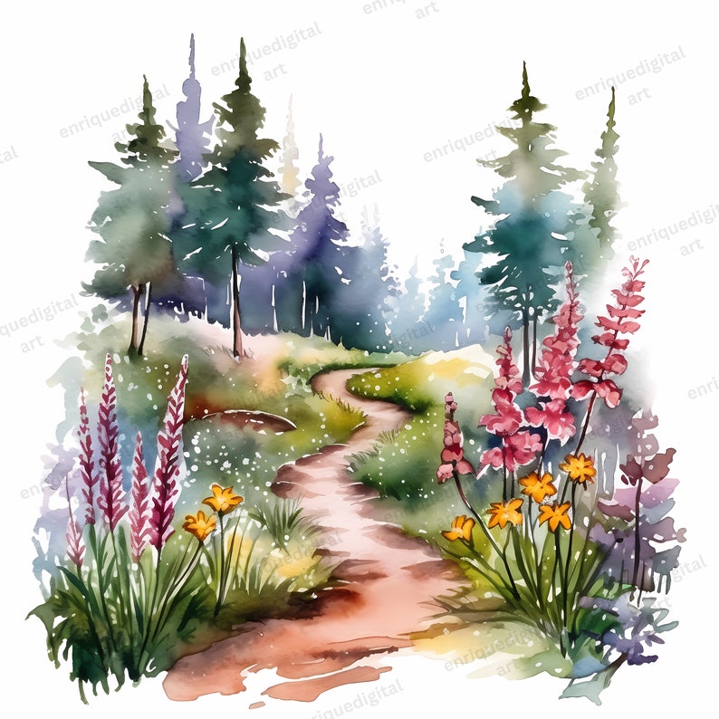 Watercolor Forest Path Clipart Lanscape Clipart Wildflowers - Etsy