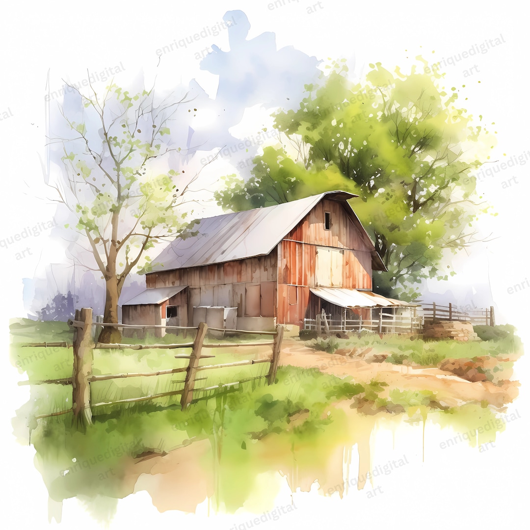 Watercolor Farm Barn Clipart, Farm House Clipart, Barn Bundle PNG ...