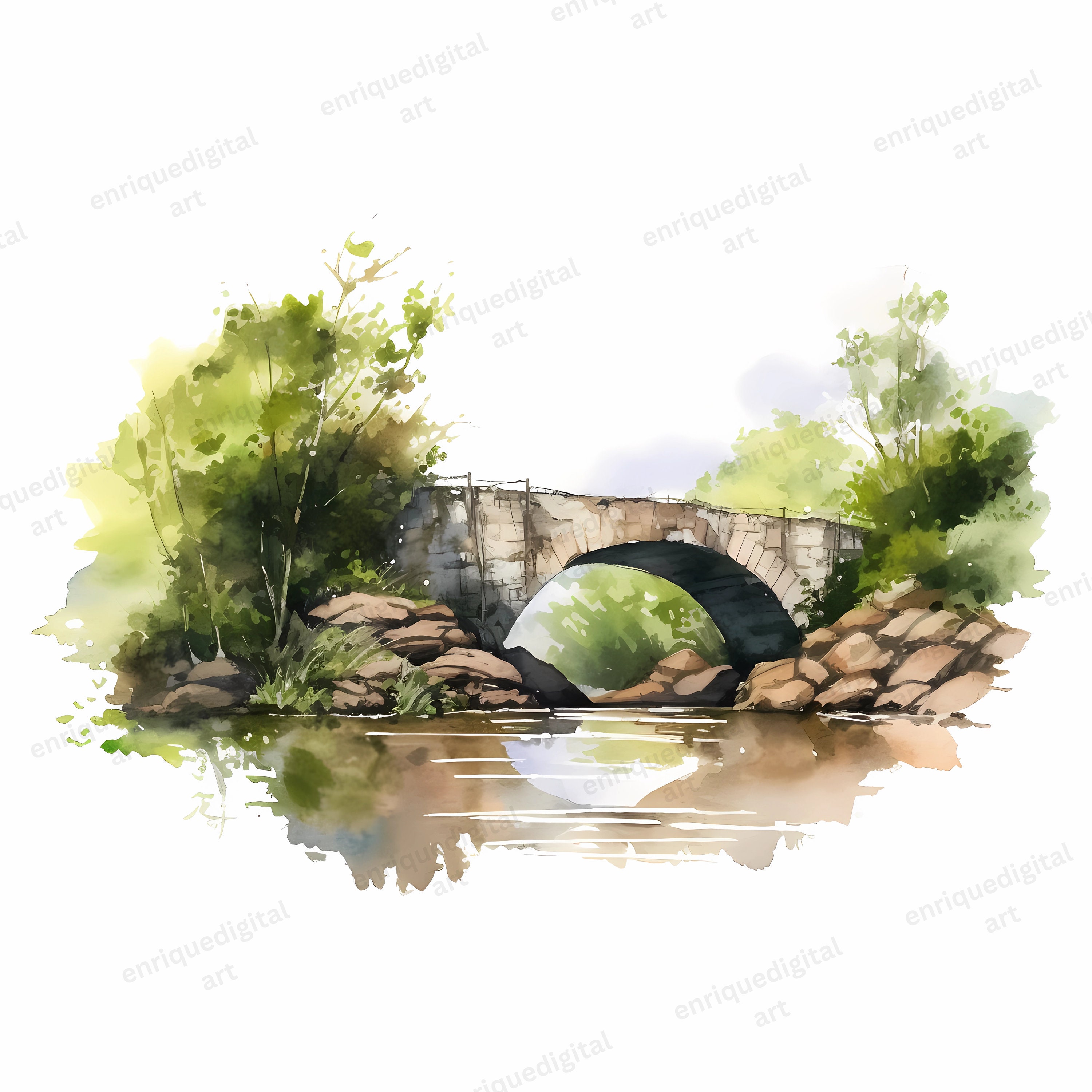 Watercolor Forest Bridge Clipart, Landscape Art, Printable Wall Art ...