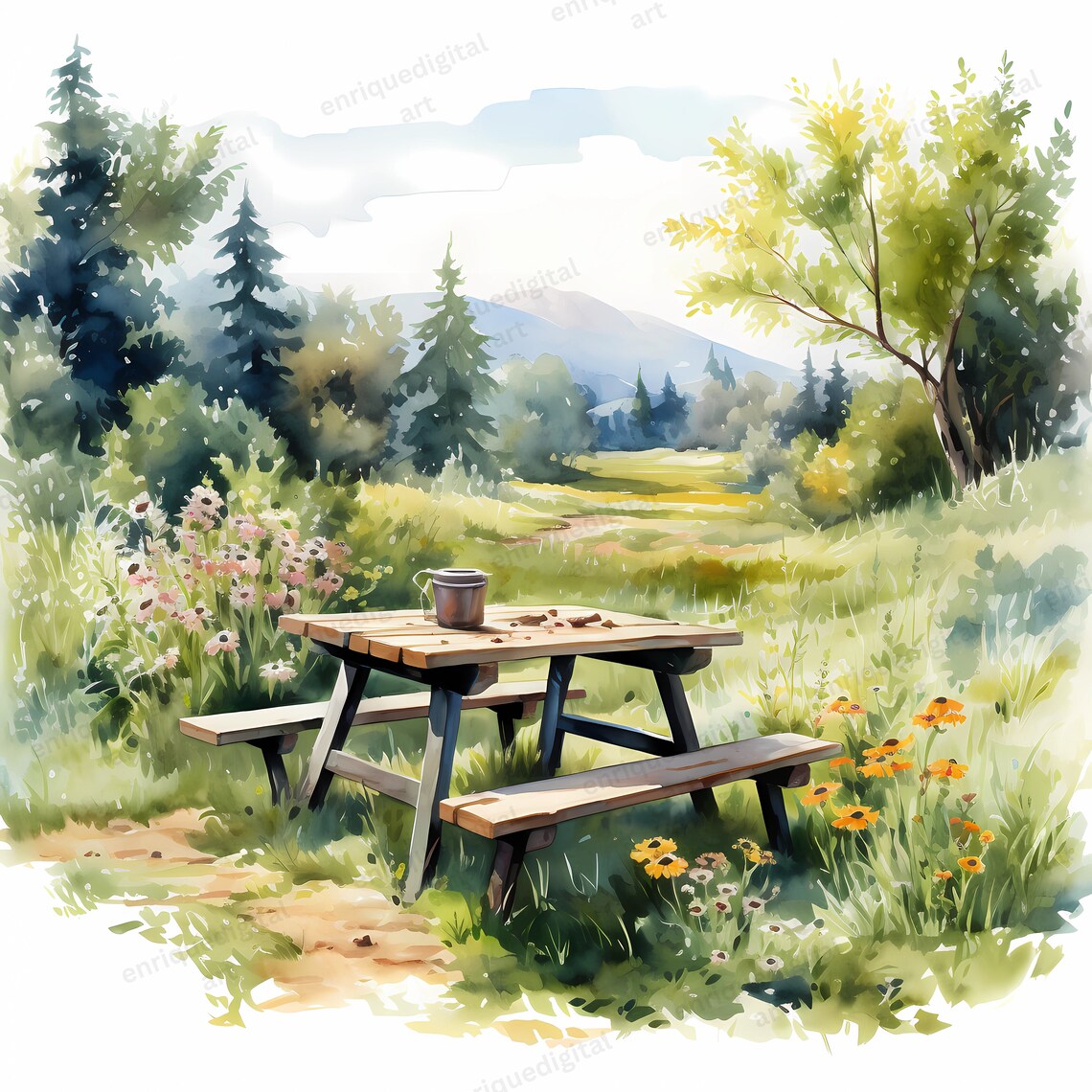 Watercolor Summer Picnic Clipart Picnic Landscape Digital - Etsy