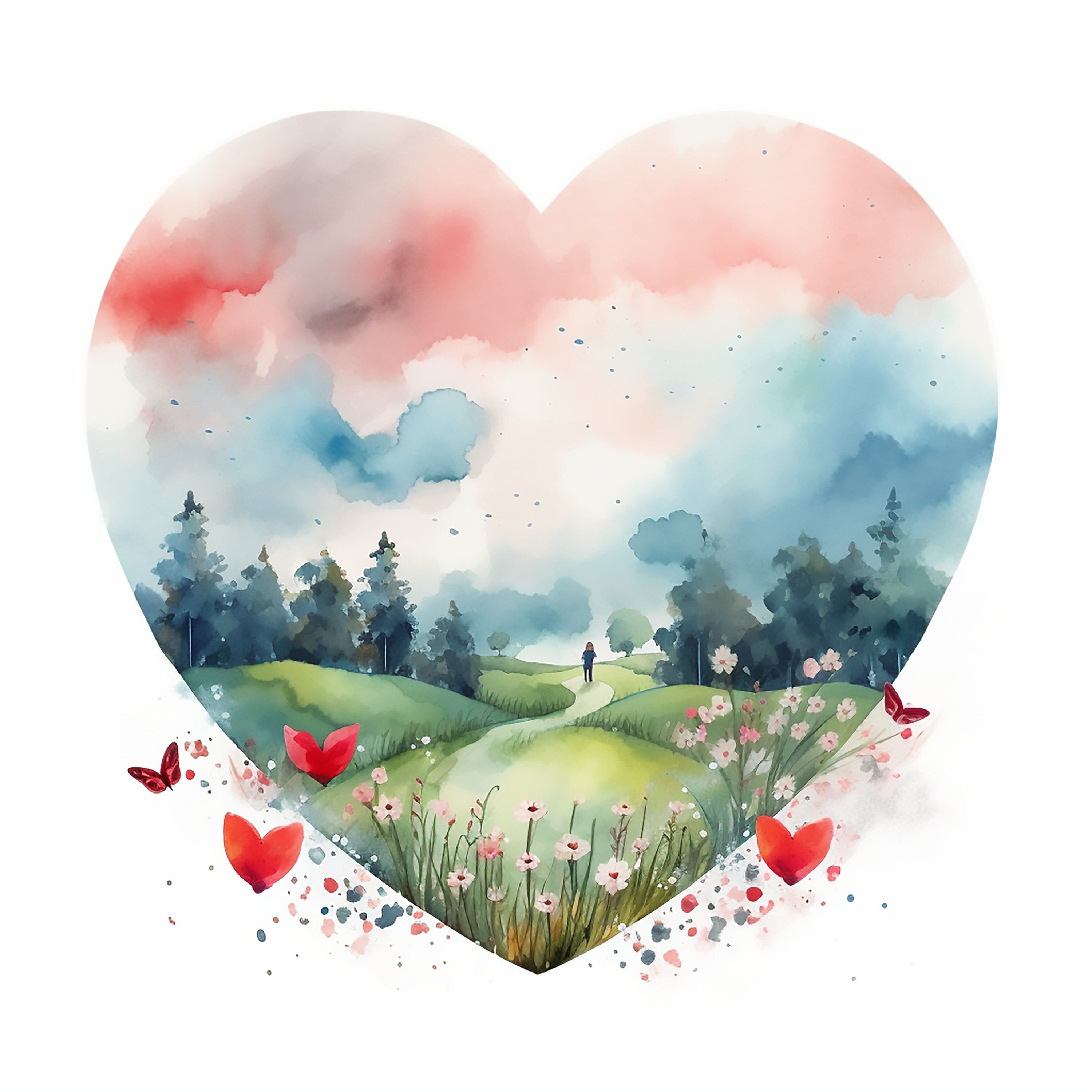 Heart Watercolor Clipart Heart Clipart Meadow Landscape - Etsy