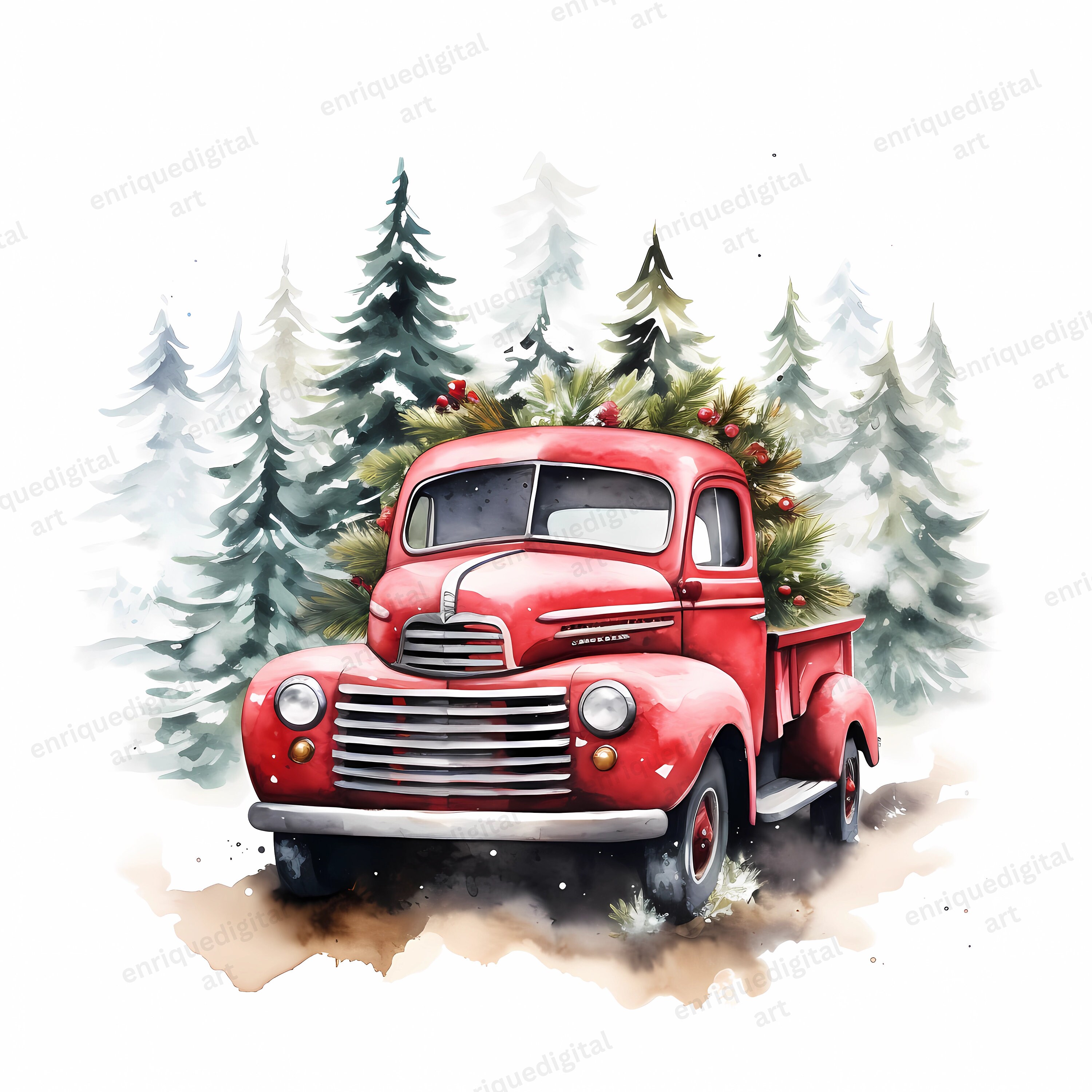 Watercolor Red Truck Clipart Christmas Card Card Making - Etsy