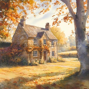 Watercolor English Countryside in Autumn, Autumn Landscape, Vivid ...