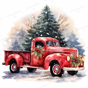 Watercolor Red Truck Clipart, Christmas Card, Card Making, Digital ...