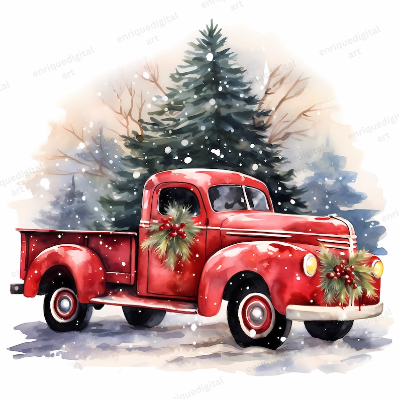 Watercolor Red Truck Clipart Christmas Card Card Making - Etsy
