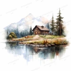 Watercolor Cabin in Woods Clipart, Landscape, Card Making, Paper ...