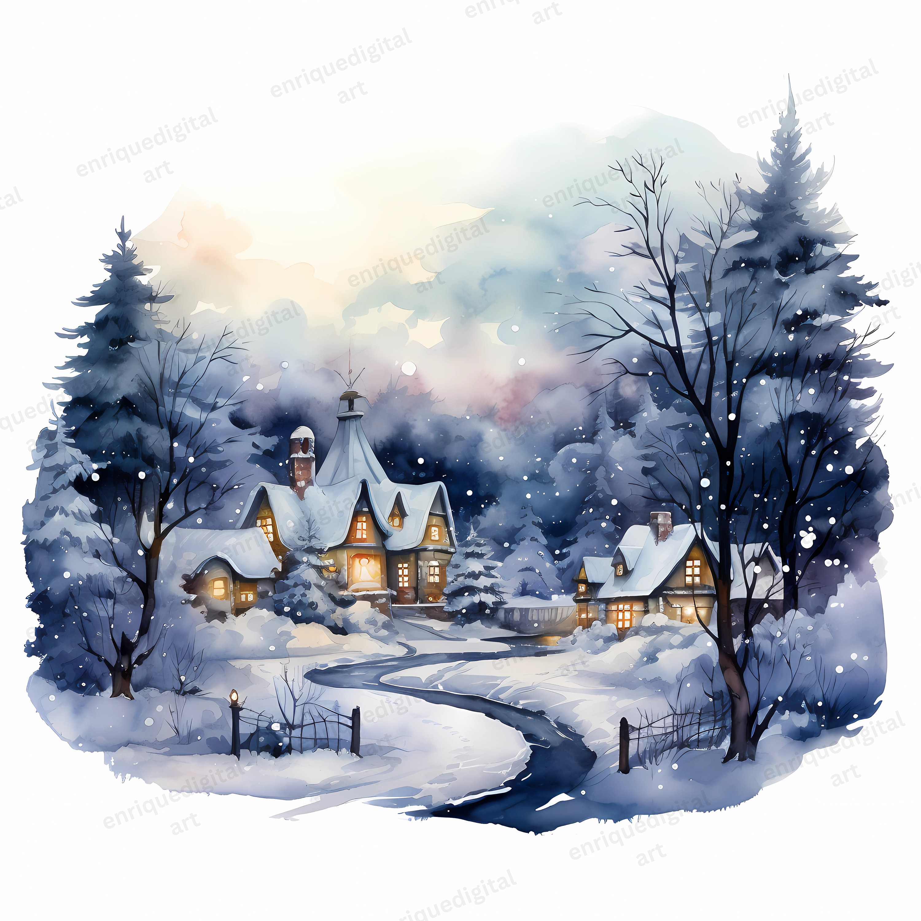Watercolor Winter Village Clipart Printable Snowy Village - Etsy