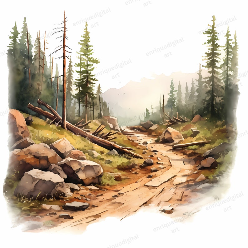 Watercolor Mountain Forest Path Clipart Watercolor Landscape - Etsy