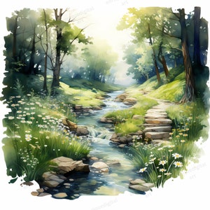 Watercolor Stream Clipart, Wildflowers Landscape, Nature Scene, Digital ...