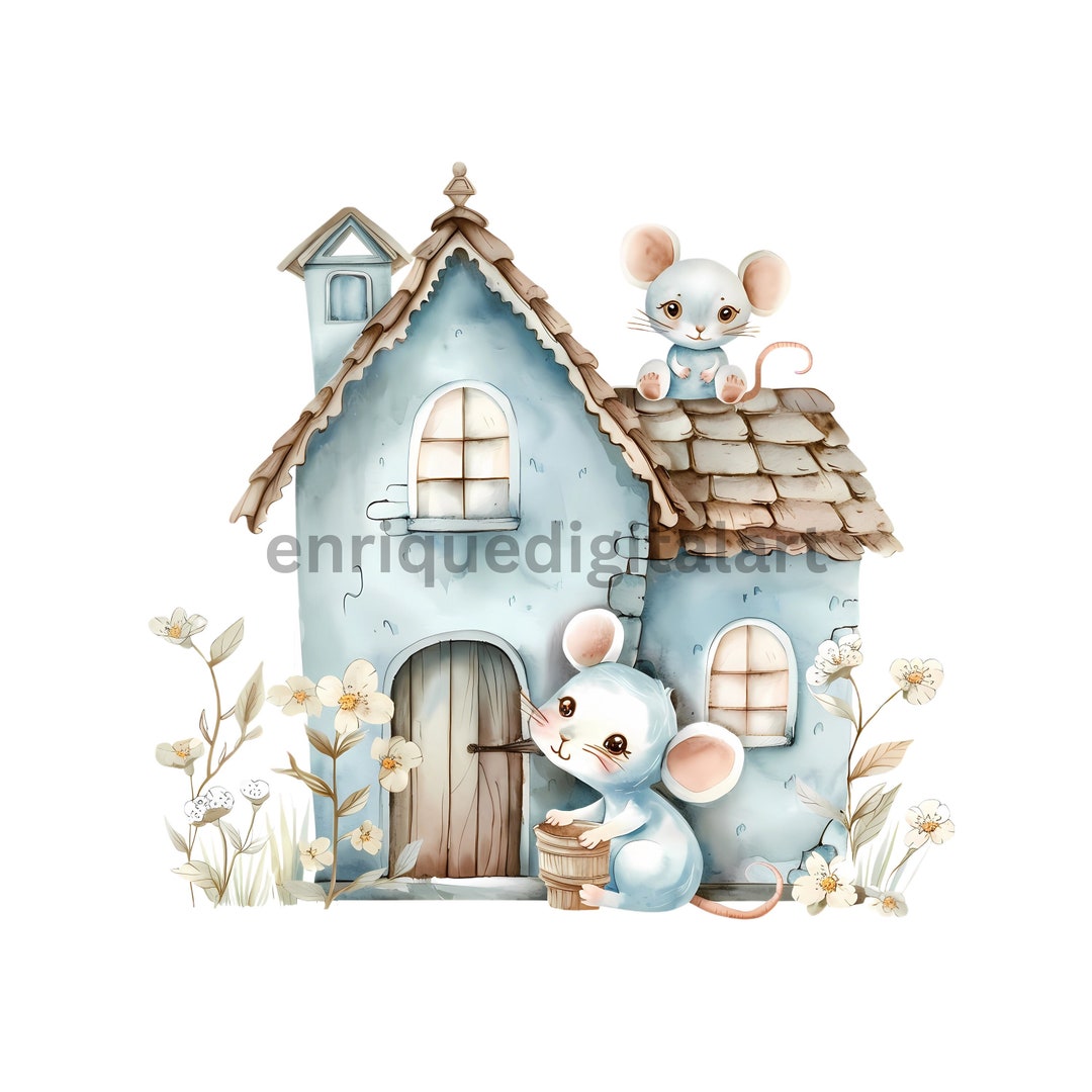 Watercolor Mouse Quirky Houses Clipart, Card Making, Clipart Bundle ...