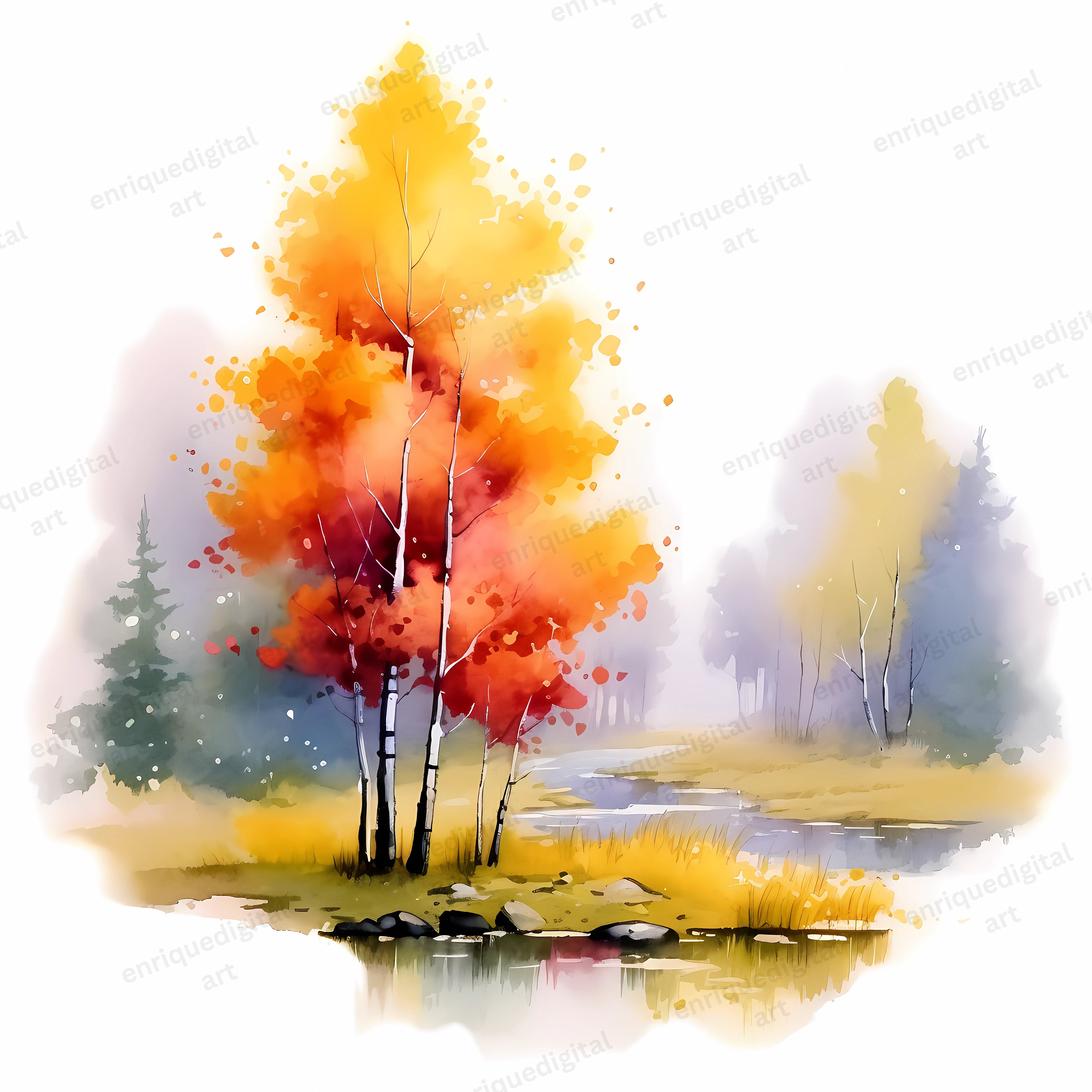 Watercolor Autumn Tree Clipart Landscape Art Printable Wall - Etsy