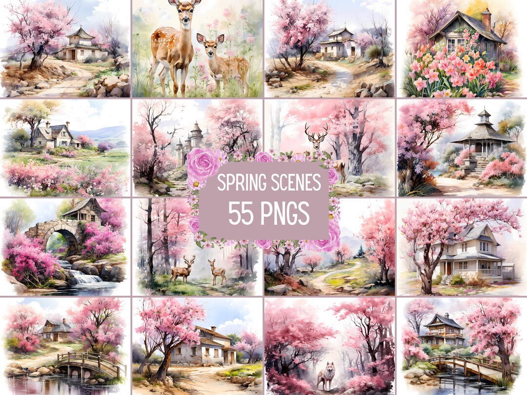 Watercolor Spring Landscape Clipart, Spring Nature Scene, Clipart ...