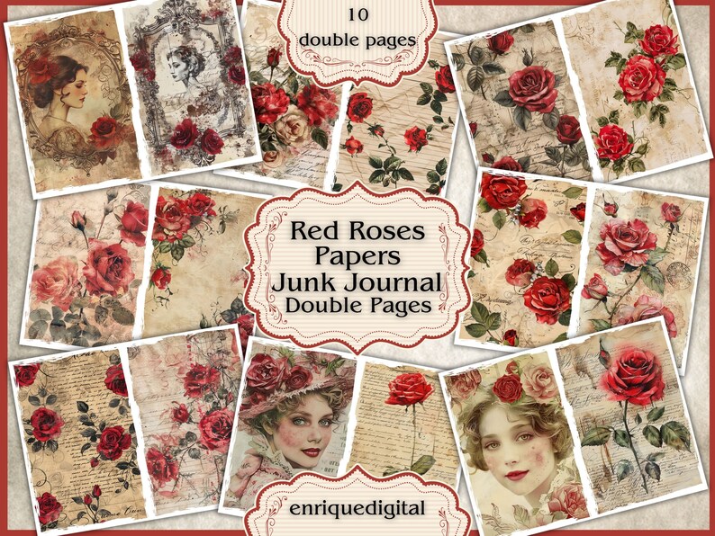 Red Roses Junk Journal Papers, Paper Crafting, Digital Download, Junk ...