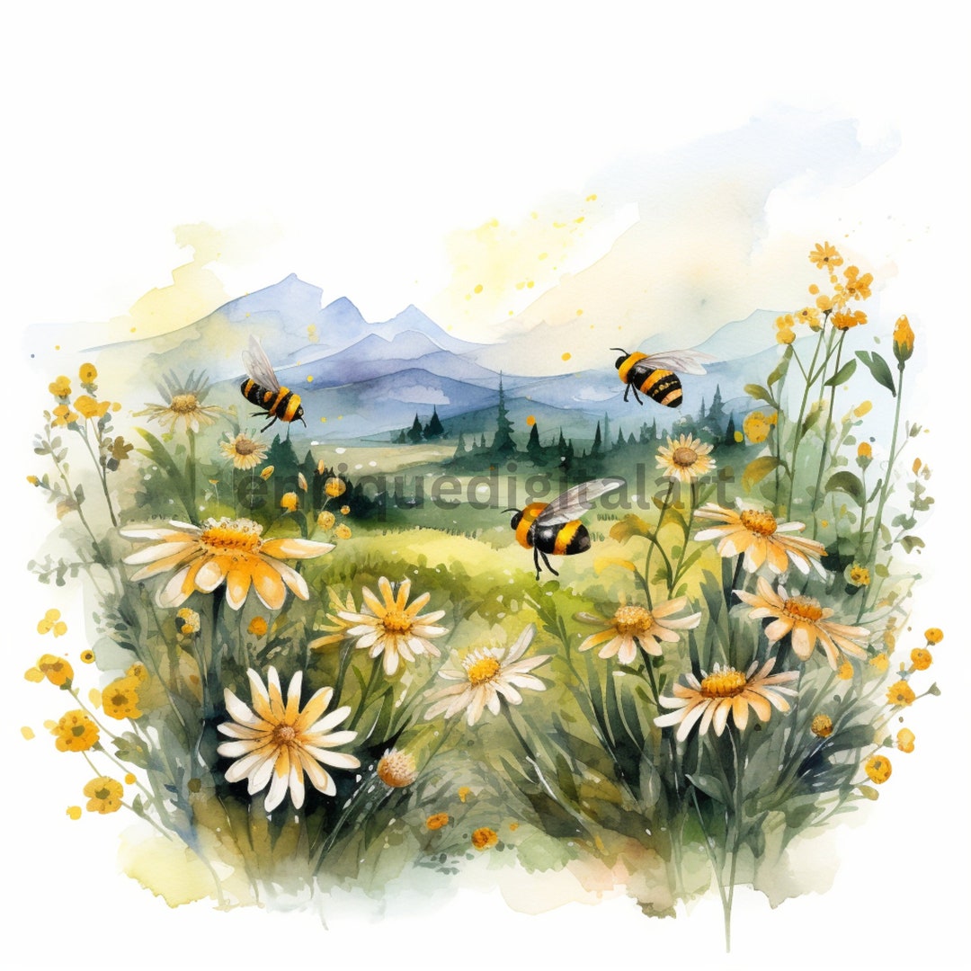 Watercolor Meadows With Bees Clipart, Card Making, Scrapbooking Images ...