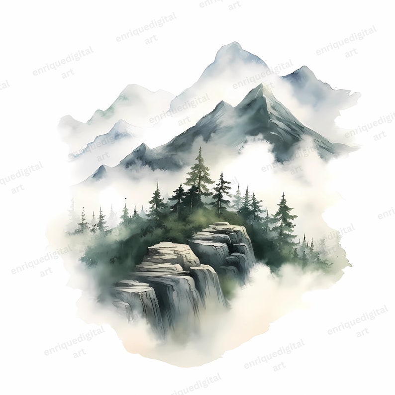 Watercolor Misty Forest Mountain Clipart Misty Mountain - Etsy