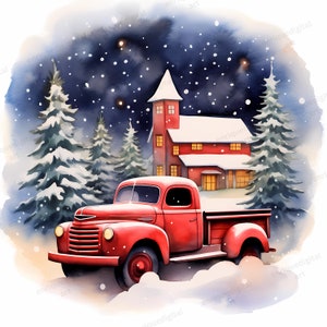Red Truck Clipart, Watercolor Painting, Digital Download, Countryside ...
