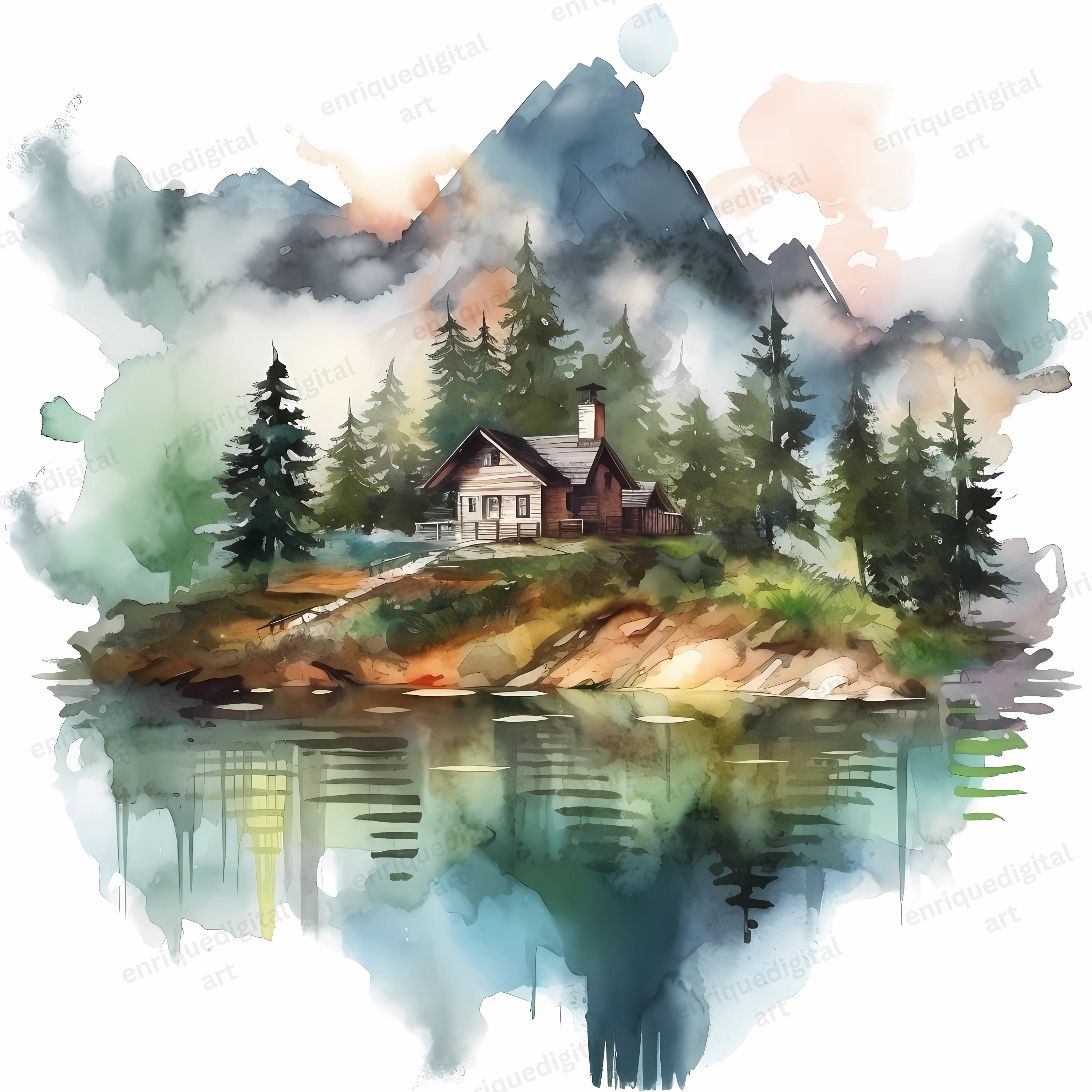 Watercolor Forest Cabin Clipart Cabin in Woods Houses - Etsy