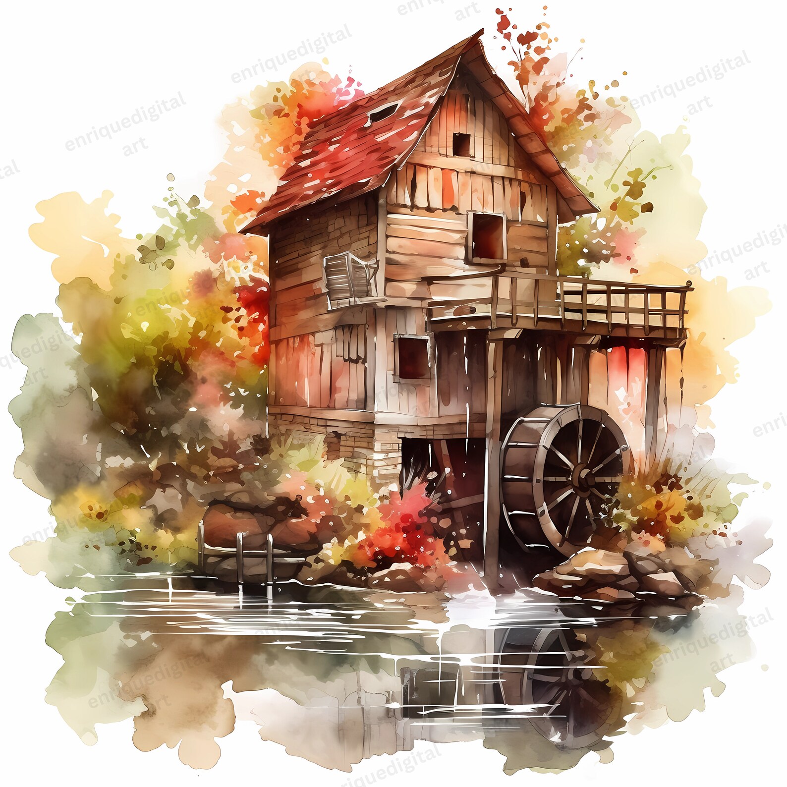 Watercolor Watermill Clipart, Watermill PNG, Watermill Printable Art ...
