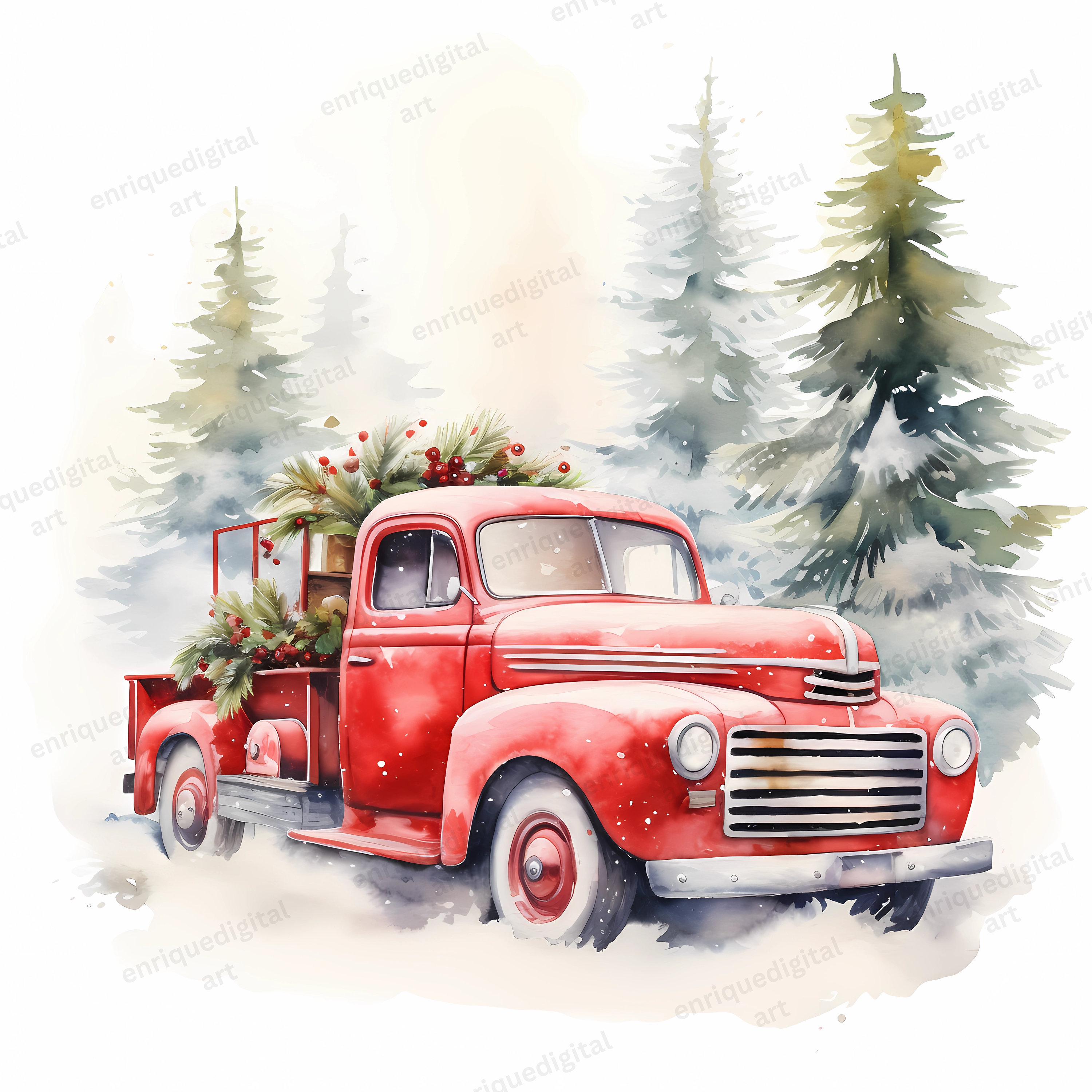 Watercolor Red Truck Clipart Christmas Card Card Making - Etsy