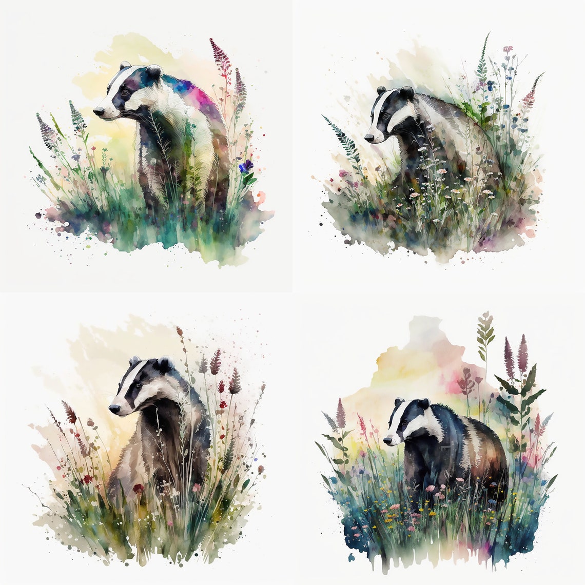Watercolor Badger Clipart Badger Illustration Badger Wildflowers