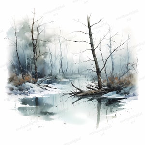 Watercolor Winter Lake Clipart, Winter Landscape , PNG Format, Digital ...