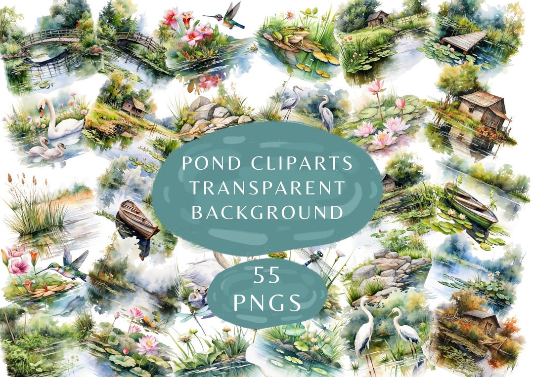 Watercolor Pond Clipart, Pond Landscapes, PNG, Clipart Bundle, Card ...