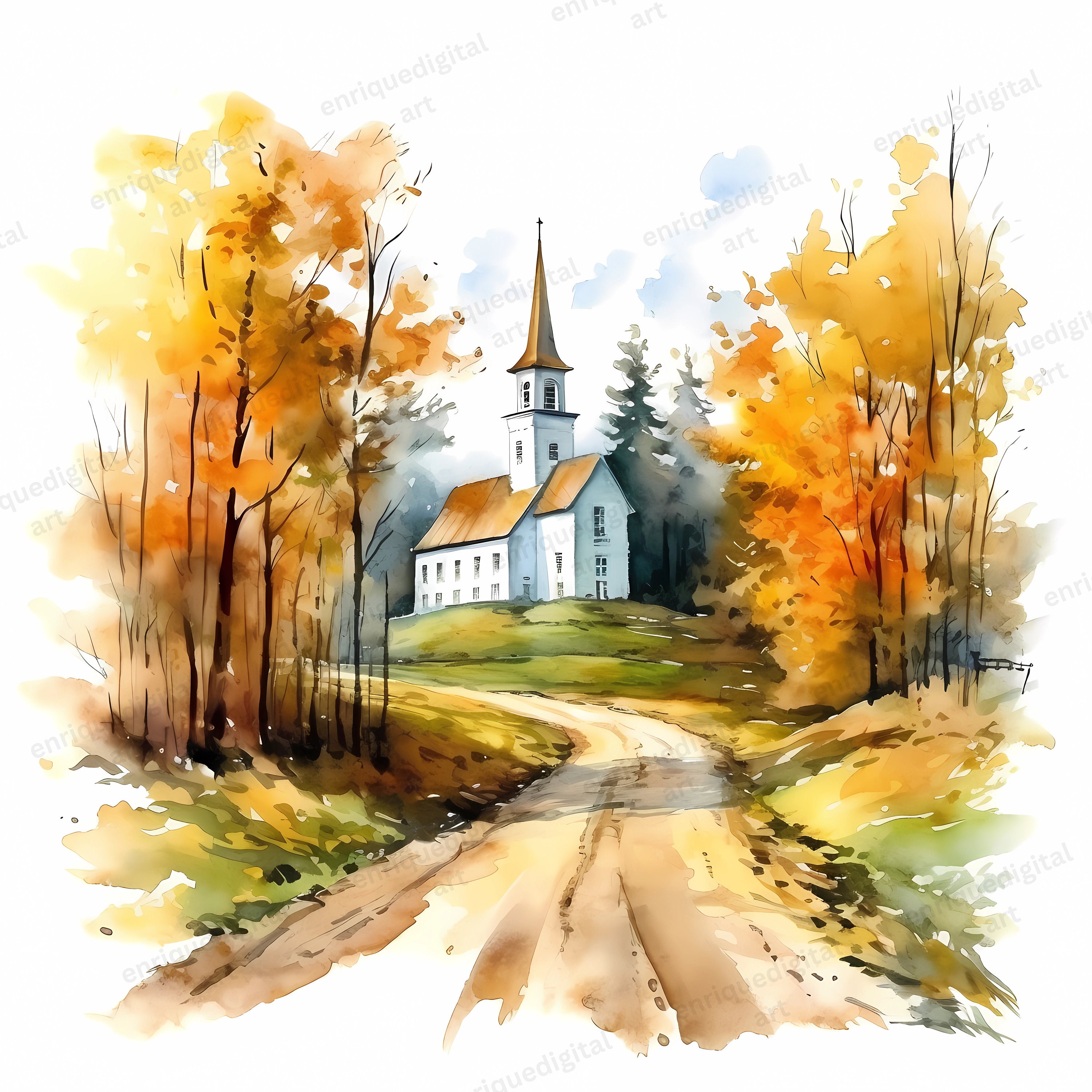 Watercolor Church Autumn Clipart Landscape Art Printable - Etsy