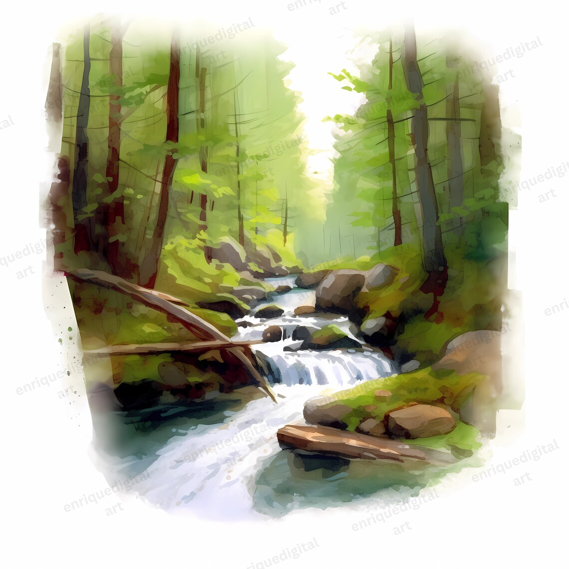 Watercolor Stream in Forest Clipart, Landscape Scenes, PNG Format ...