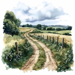 Watercolor English Countryside Clipart, Watercolor Landscape, Landscape ...