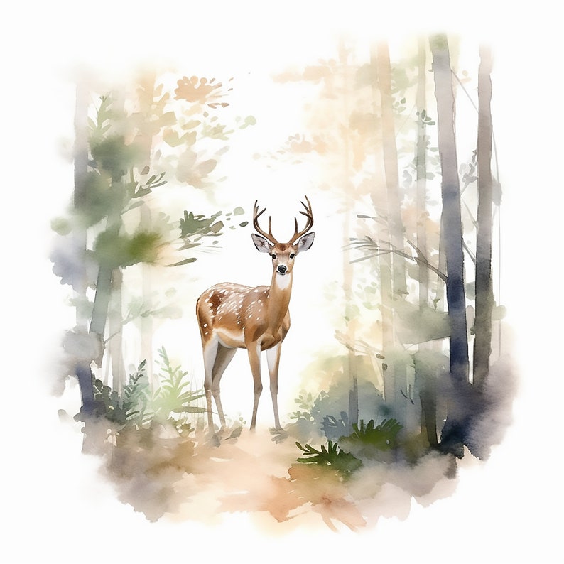 Watercolor Deer Clipart, Nature Scene, Deer Gift Dad, Deer PNG, Wall ...