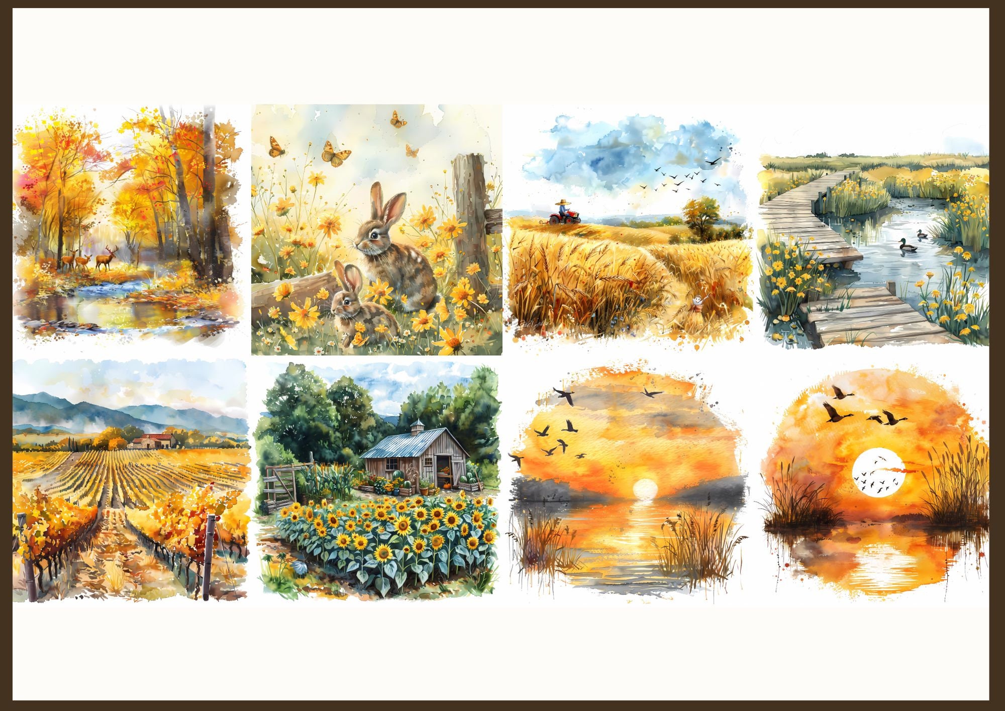 Watercolor Yellow Landscapes Clipart, Summer Nature Scene, Digital ...