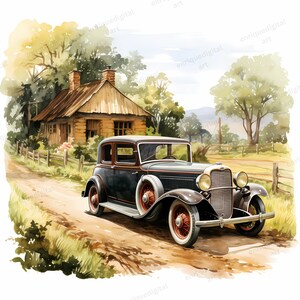 Watercolor Rustic Car Clipart, Countryside Landscape, Nature Scene ...
