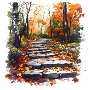Watercolor Stone Path in Forest, Fall Nature Landscapes, Vivid Colors ...