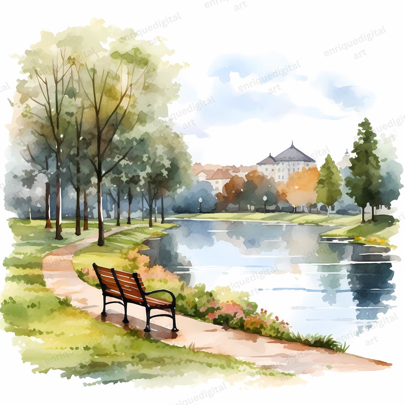 Watercolor City Park Clipart Landscape Nature Scene Digital - Etsy