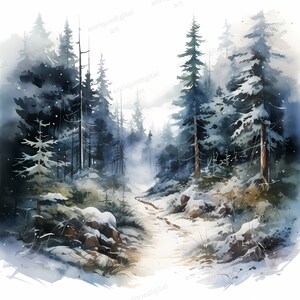 Winter Forest Clipart, Watercolor Art, Digital Prints, Digital Download ...