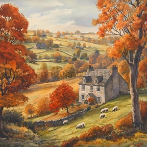 Watercolor English Countryside in Autumn, Autumn Landscape, Vivid ...