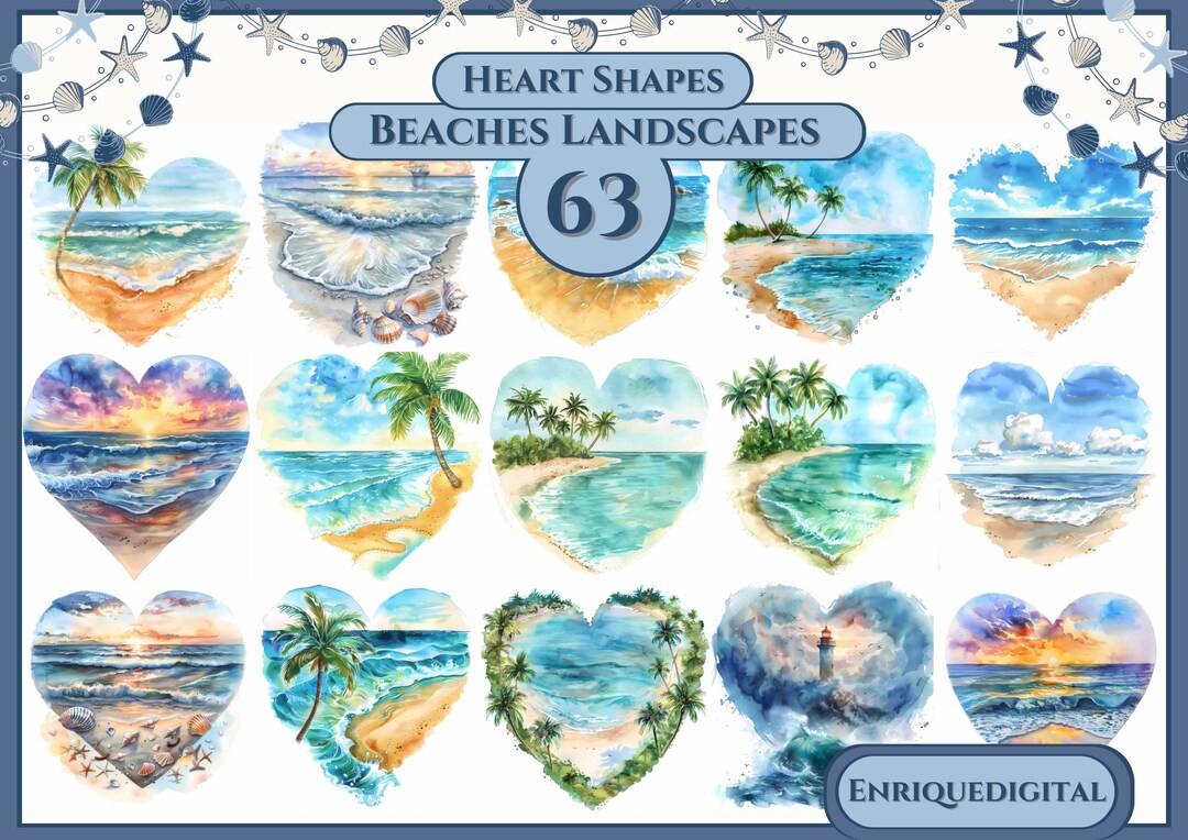 Beach Heart Watercolor Clipart, Card Making Images, Tropical Sunset ...