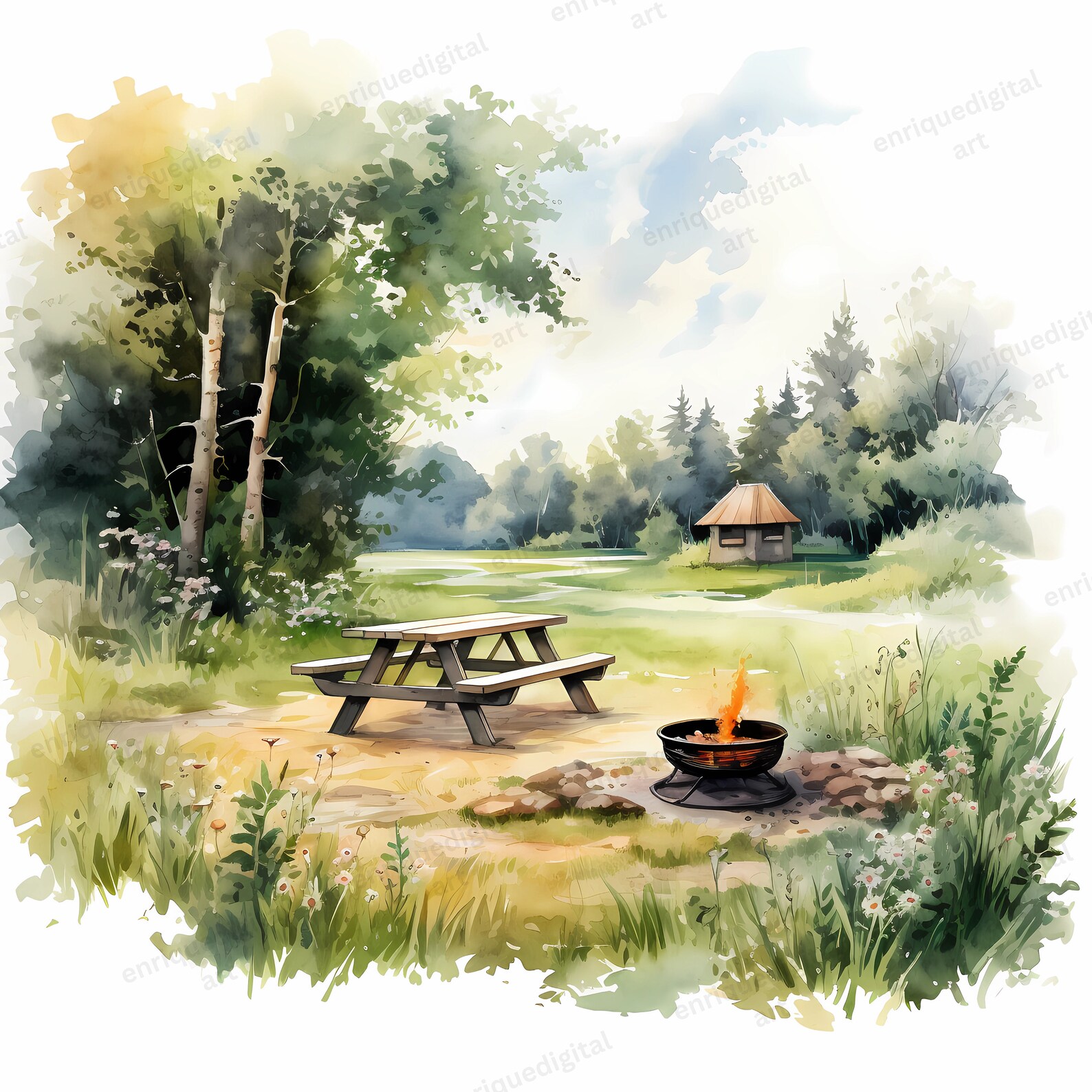 Watercolor Summer Picnic Clipart, Picnic Landscape, Digital Download ...