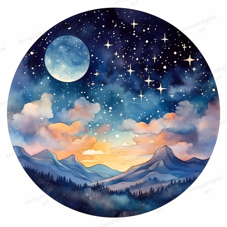 Watercolor Moon Clipart Sky Landscape Card Making Digital - Etsy