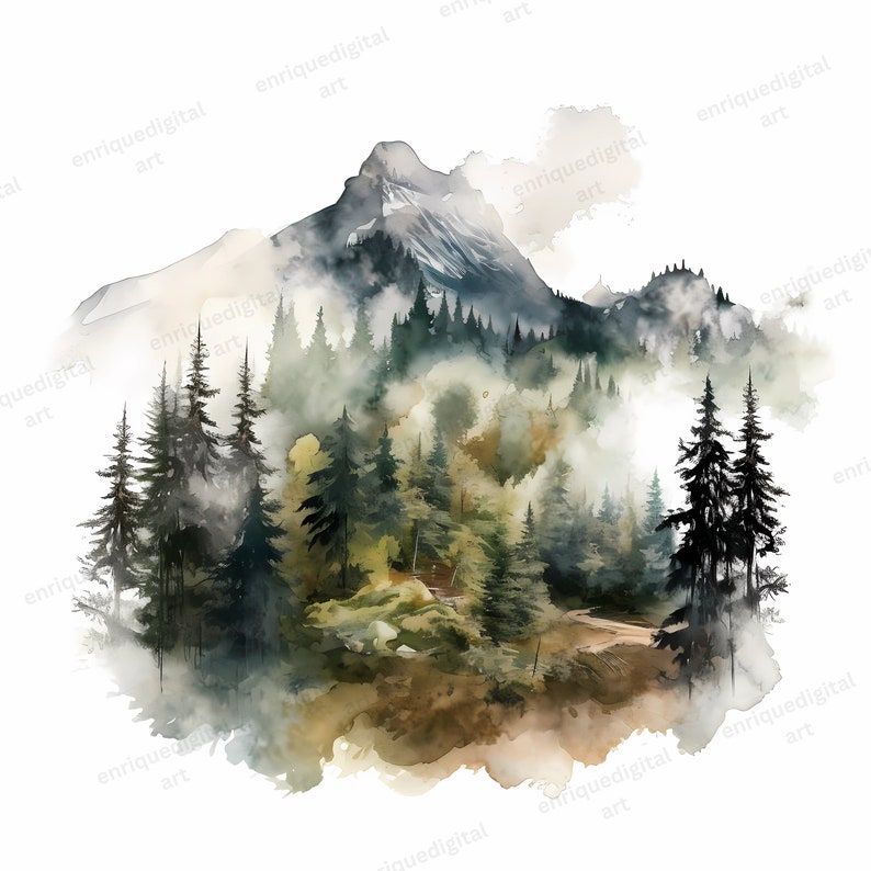 Watercolor Misty Forest Mountain Clipart Misty Mountain - Etsy