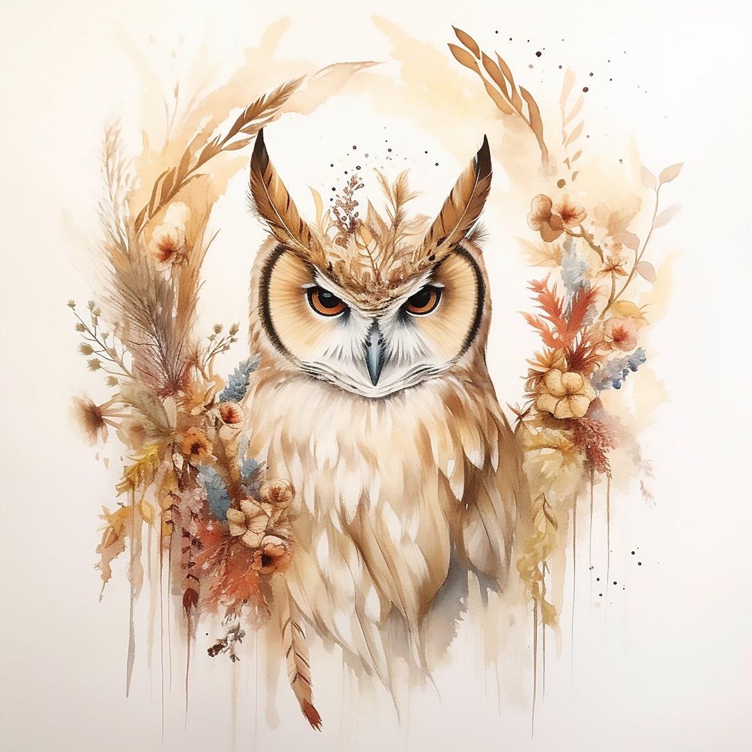 Watercolor Boho Owl, Boho Owl Watercolor, Owl Clipart PNG, Printable ...