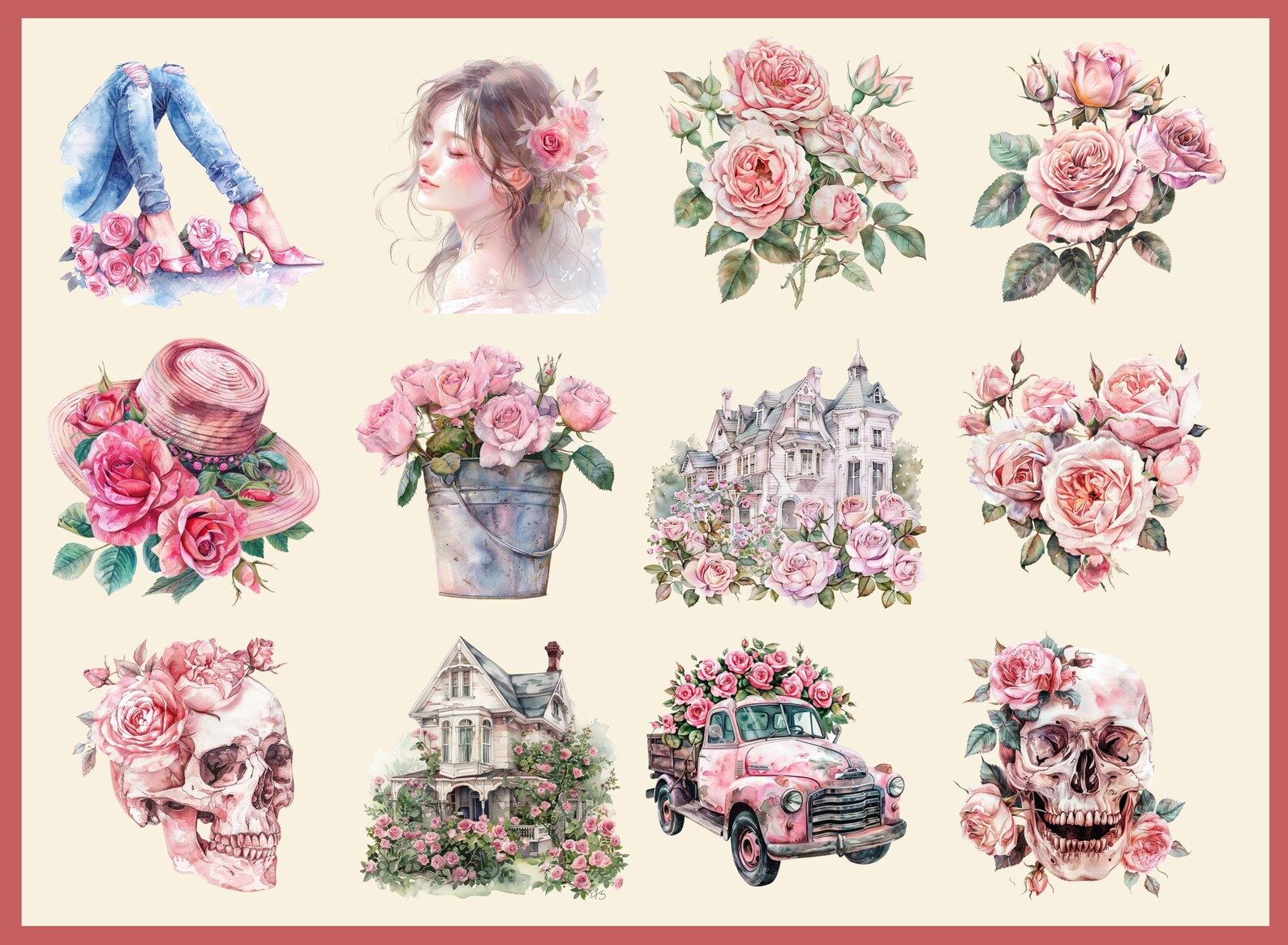 Pink Roses Clipart Bundle, Watercolor Images, High Quality Pngs ...